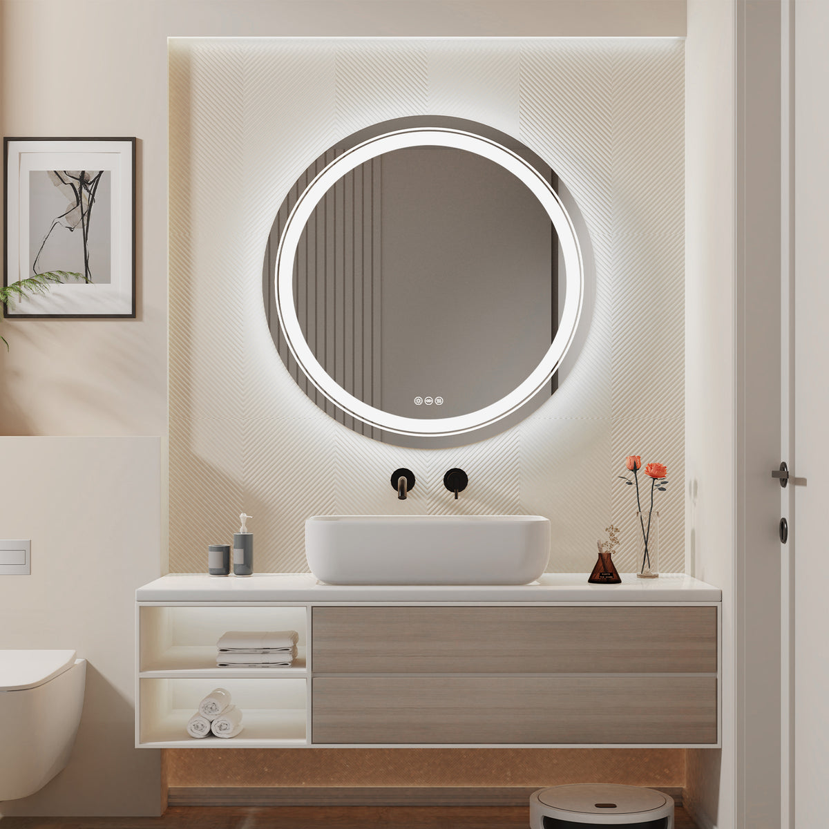 Backlit LED Bathroom Mirror – Round, Touch Control, Adjustable Brightn ...