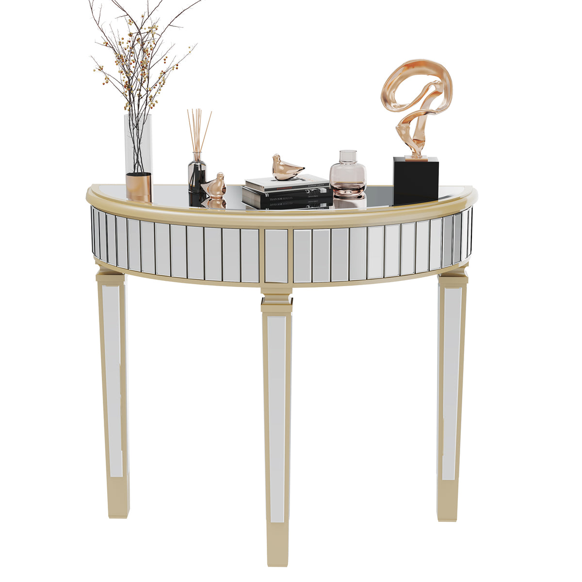 Mirrored Console Table - Half-moon Silver Entryway Table, Four Legs ...