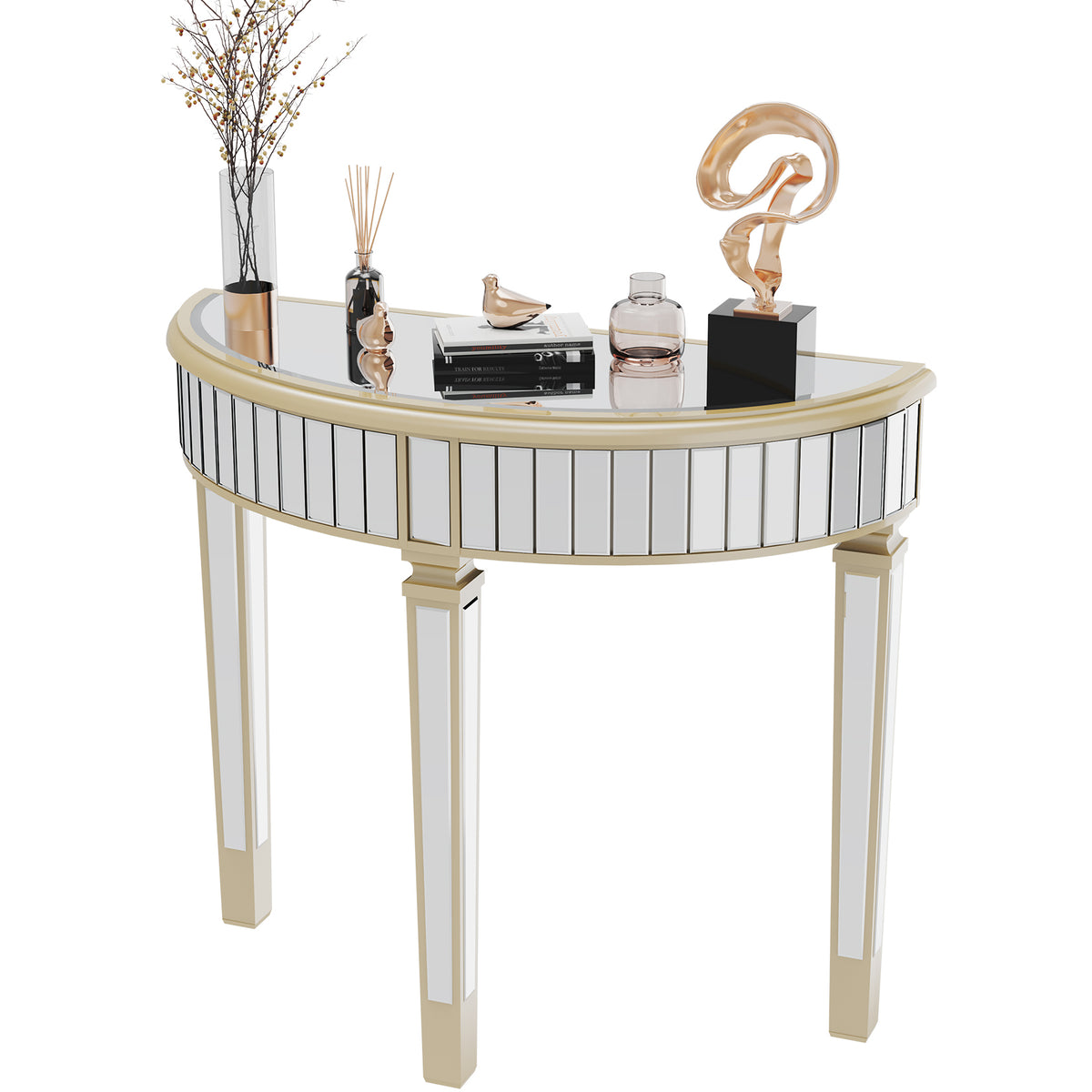 Mirrored Console Table - Half-moon Silver Entryway Table, Four Legs ...