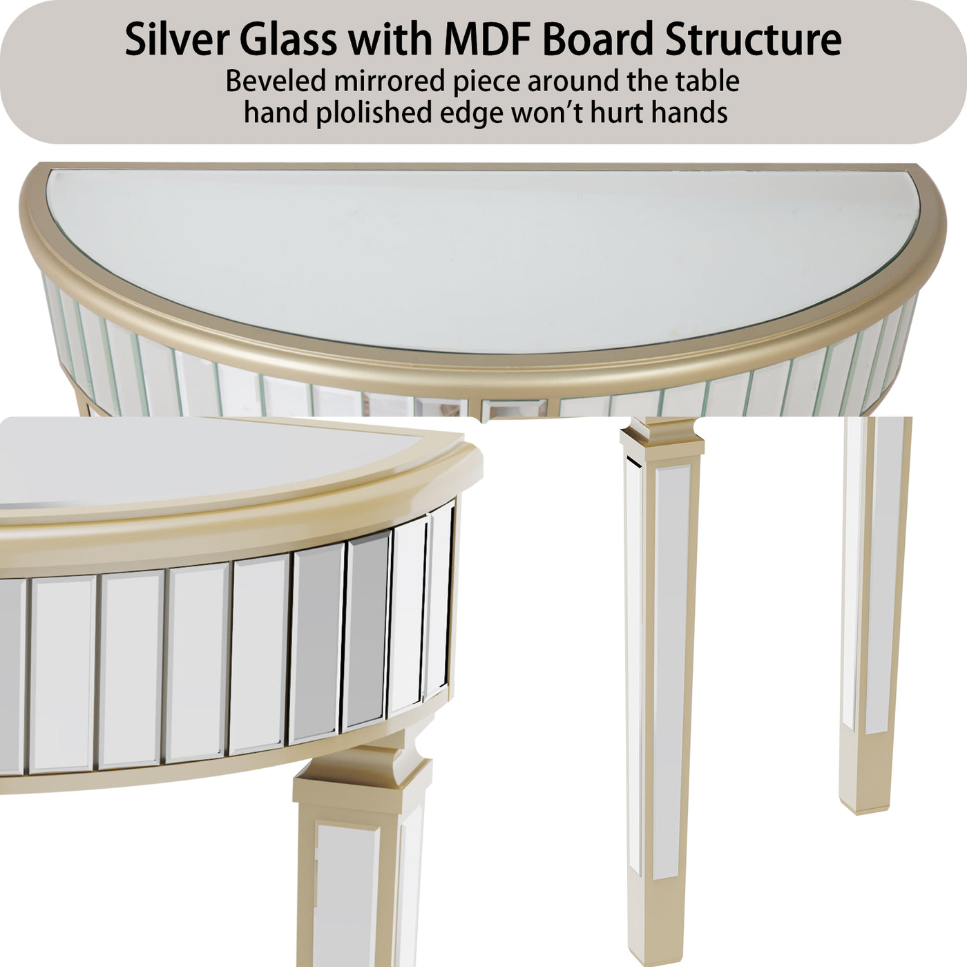 Mirrored Console Table - Half-moon Silver Entryway Table, Four Legs ...