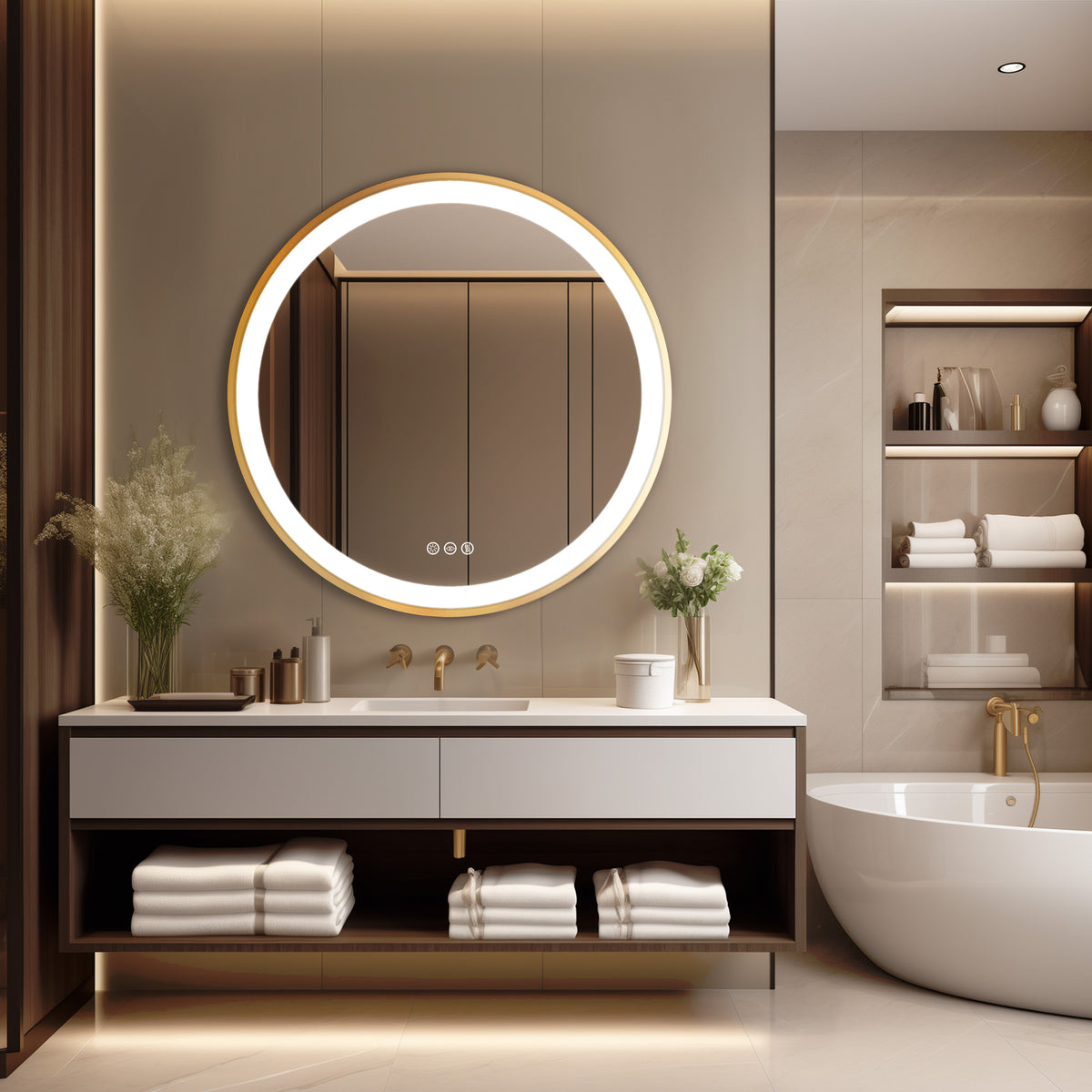 Golden Round Bathroom Mirror Aluminum Frame, Front-lit Vanity Mirror ...