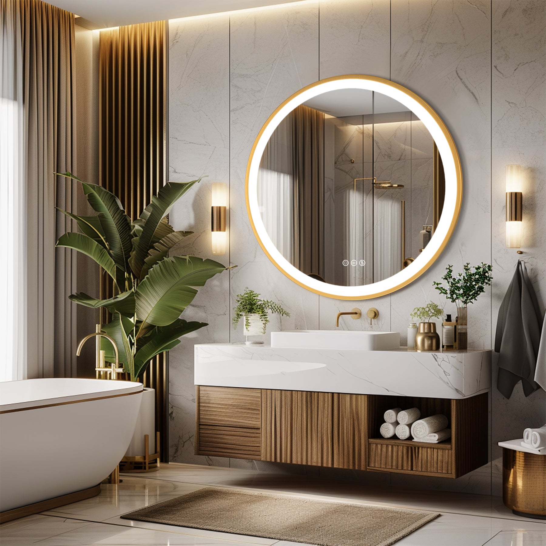 Golden Round Bathroom Mirror Aluminum Frame, Front-lit Vanity Mirror ...