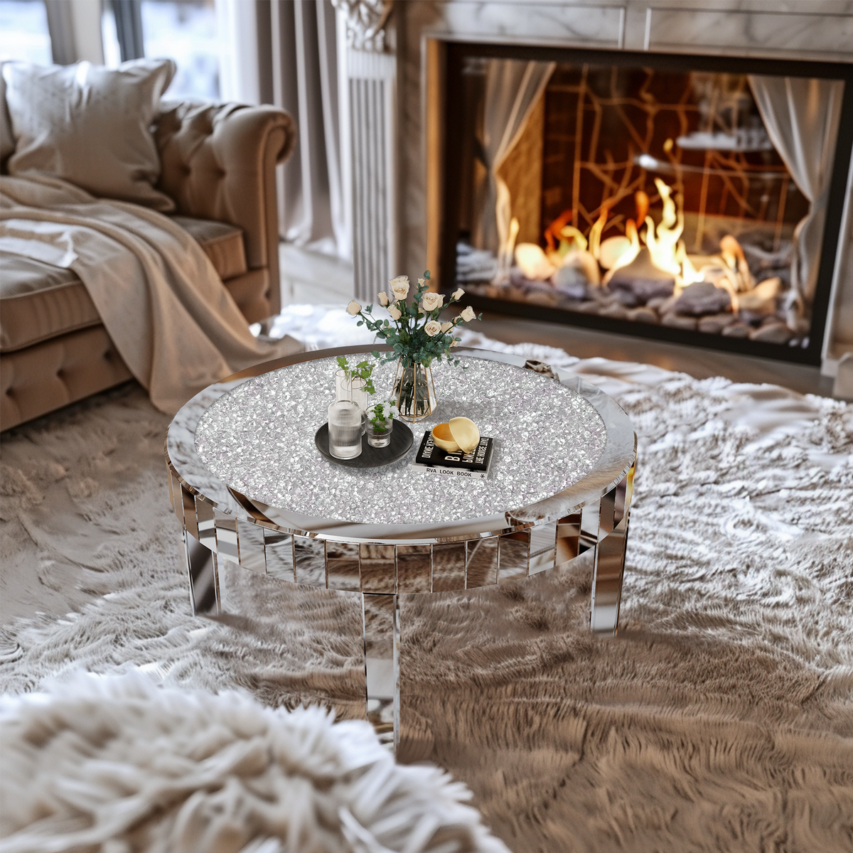 Clear Mirrored Center Table Coffee Table Crystal Diamonds Inlay Accent ...