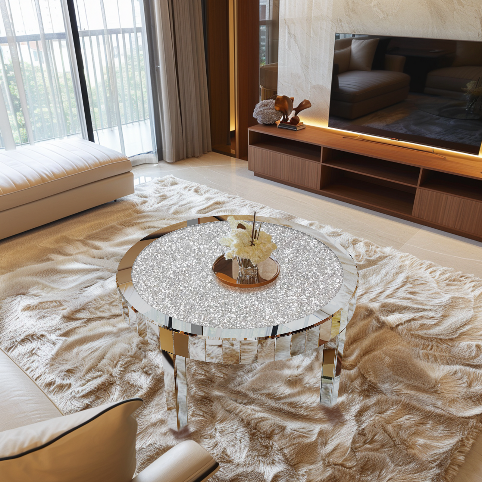 Clear Mirrored Center Table Coffee Table Crystal Diamonds Inlay Accent ...